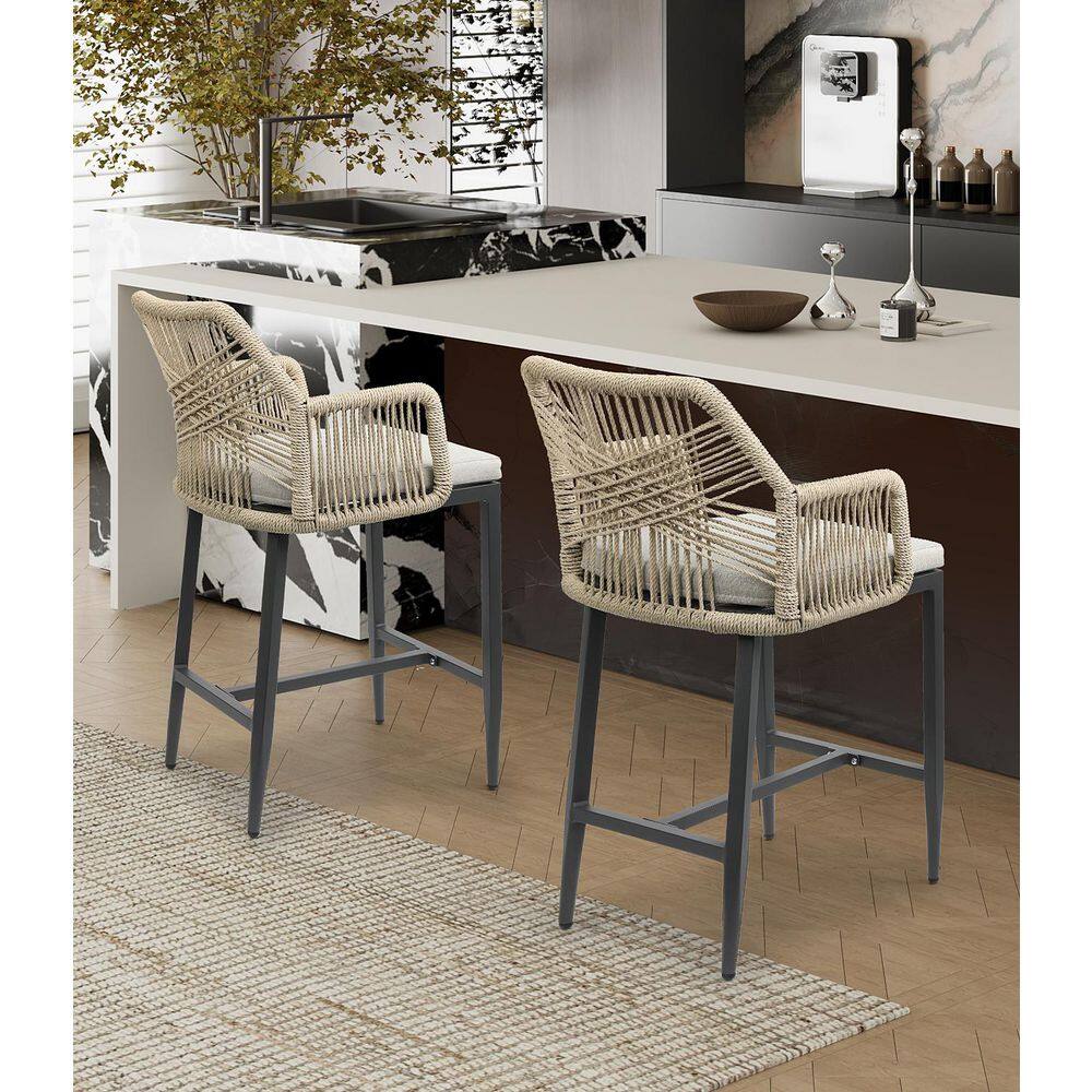 FHVIT Wicker Outdoor Bar Stools with Armrests Patio Bar Height Chairs ...