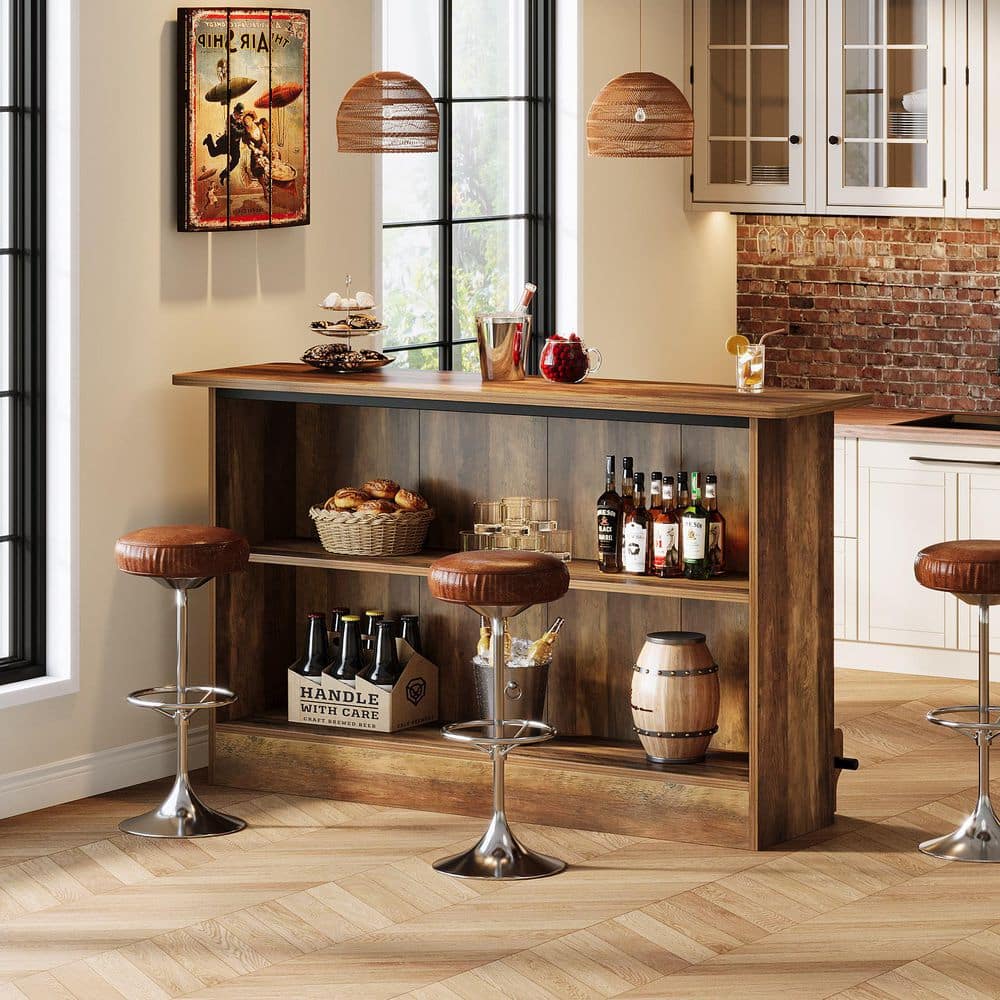 BYBLIGHT Kearsten Brown 63 in. W Bar Table 2-Tier Bar Cabinet Height ...