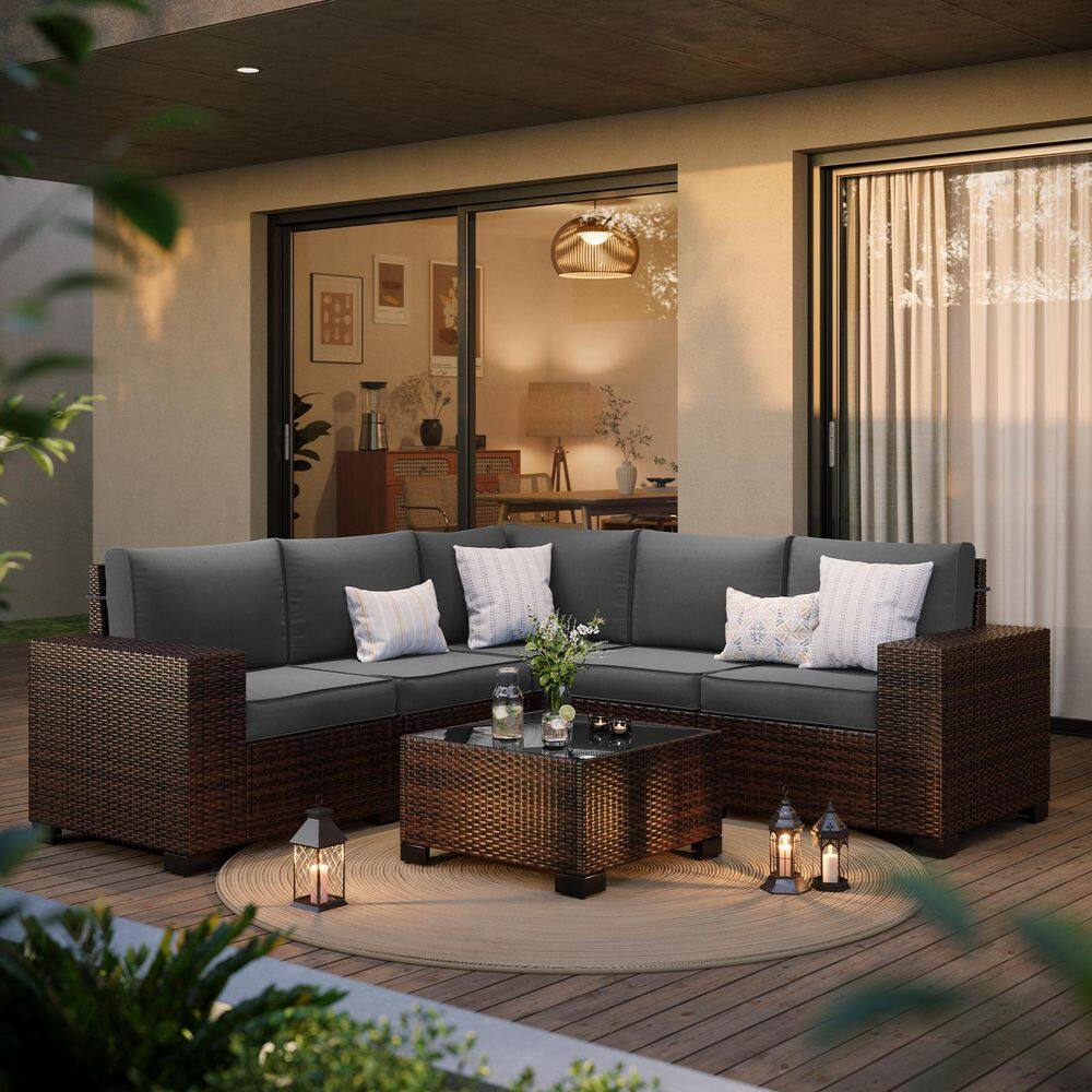 ELPOSUN 5-Person Modular Wide Armrest Outdoor Rattan Sectional Seating Group HDNBCS092BROOS-DGR ...