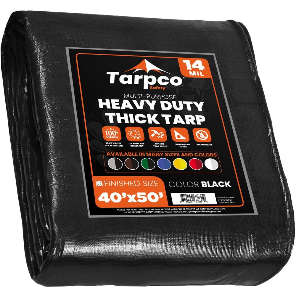 TARPCO SAFETY 40 ft. x 50 ft. Black 14 Mil Heavy Duty Polyethylene Tarp ...