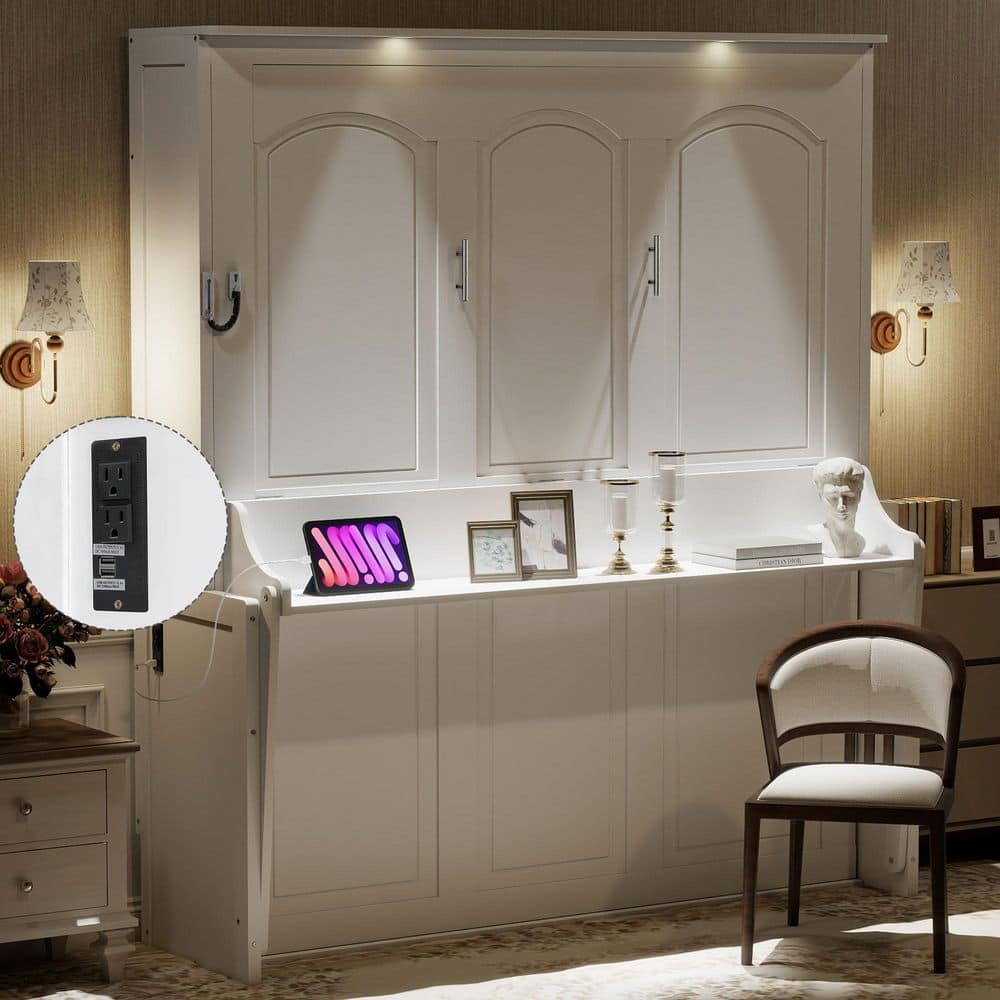 Harper & Bright Designs White Wood Frame Queen Murphy Bed with Desk ...