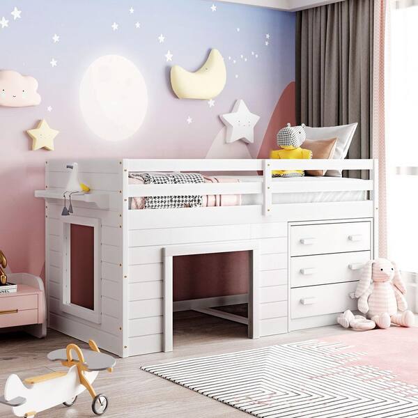 GOJANE White Twin Size Loft Bed with Cabinet and Shelf LP000501LWYAAK ...