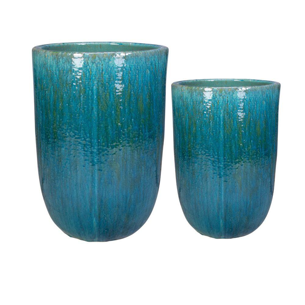 10.75, 13. 75 in. Set of 2 Ceramic Alameda Tall Egg Pots-Aquamarine ...