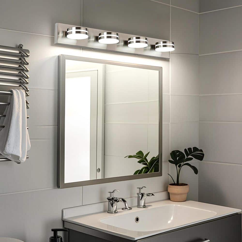 JUSHENG 30 in. 4-Light Nickel LED Vanity Light with Dimmable 5500K ...