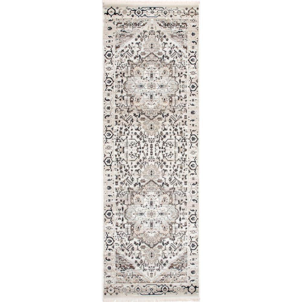 nuLOOM Oliveira Floral Medallion Fringe Area Rug Beige 2 ft. 6 in. x 10 ...