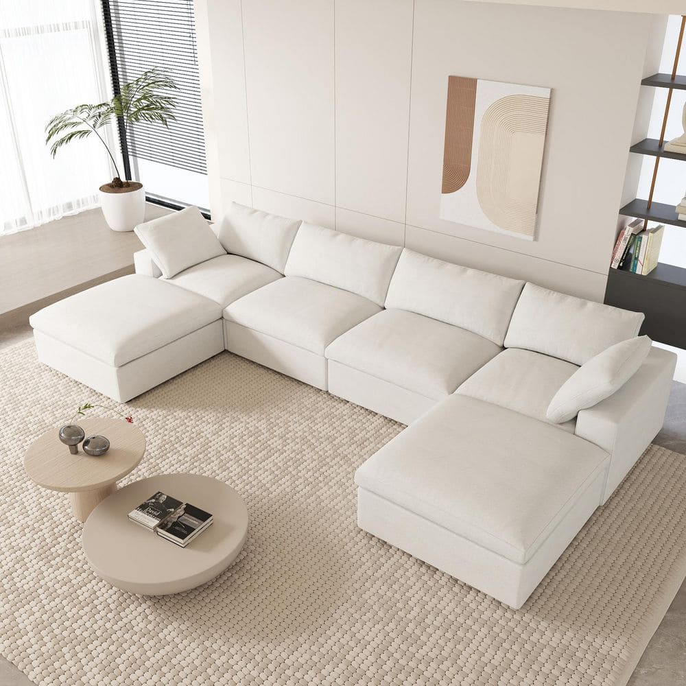 J&E Home 160.6 in. W Square Arm Linen U-Shaped 6-Pieces Modular Free ...