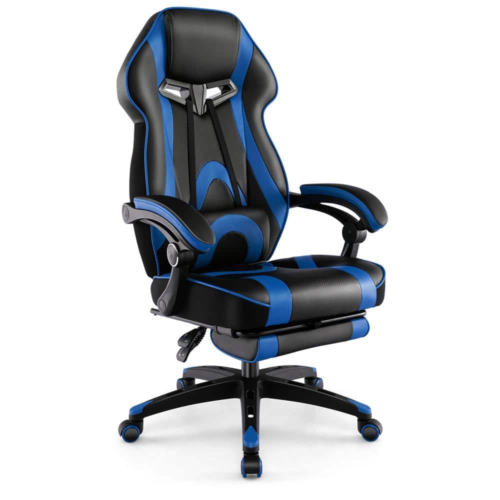 Costway PU leather Adjustable Gaming Chair in Black and Blue with Arms ...