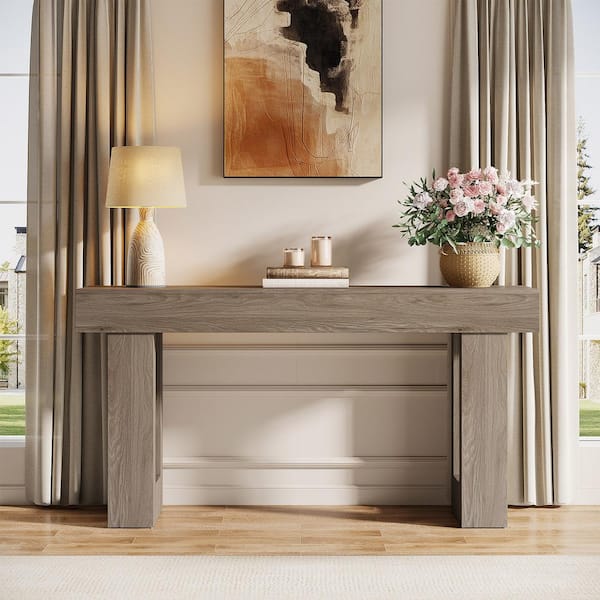 63 Inch Console Table Farmhouse Wooden Sofa Table Entryway Table Grey