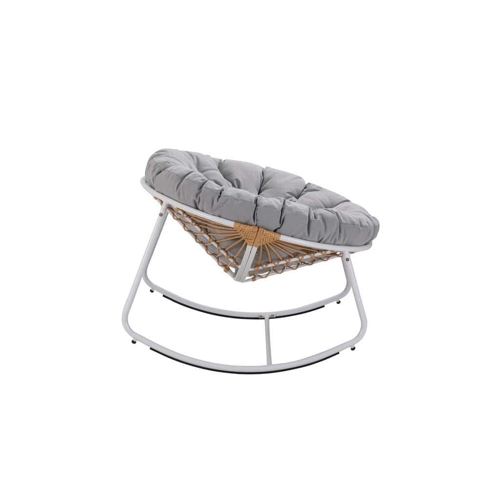 White Frame Metal Round Outdoor Rocking Chair with Light Grey Cushions ...