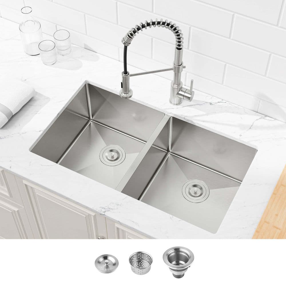 MEDUNJESS TMS 33 in. L x 19 in. W Brushed Nickel Undermount Double Bowl ...