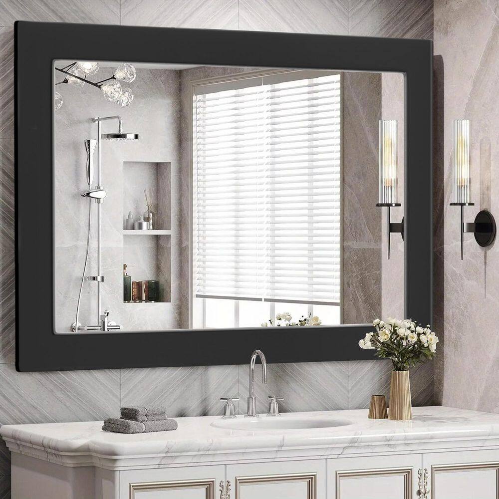 30 in. W x 40 in. H Modern Simple Rectangular Black Wood Frame Bathroom ...
