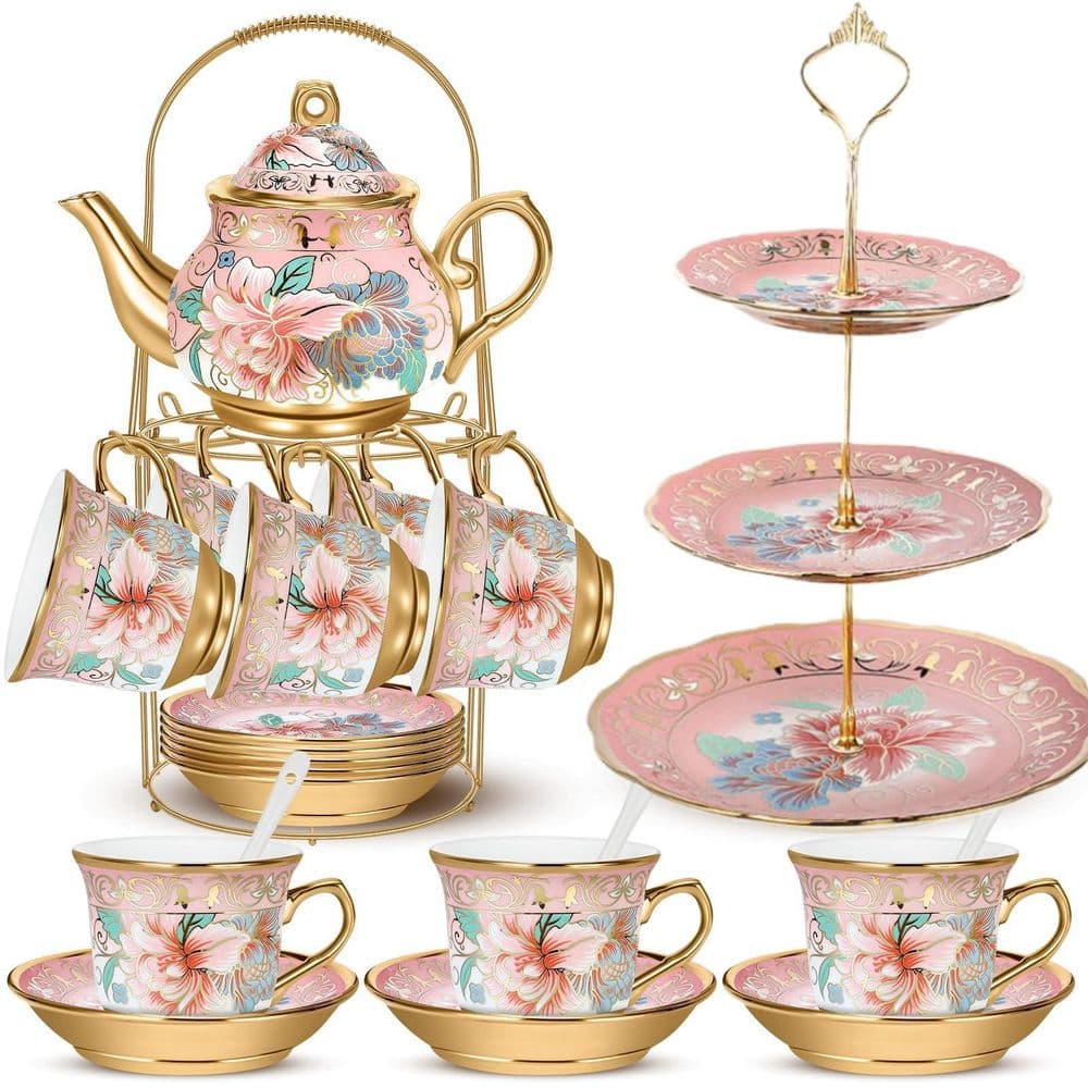 Numhew 21-Piece 6-Cup Pink Porcelain Tea Pot Set with Cups, Saucers ...
