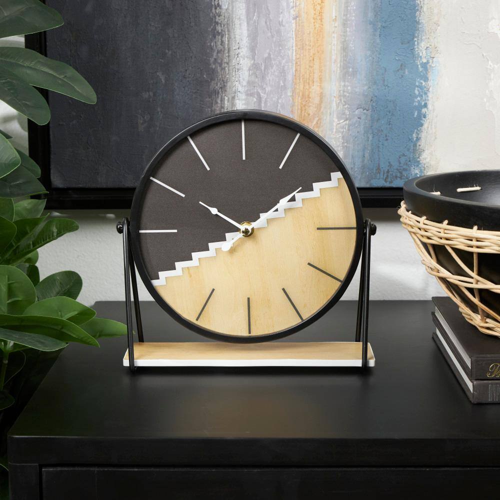 Litton Lane 9 in. x 9 in. Black Wooden Geometric Clock with Brown Wood ...