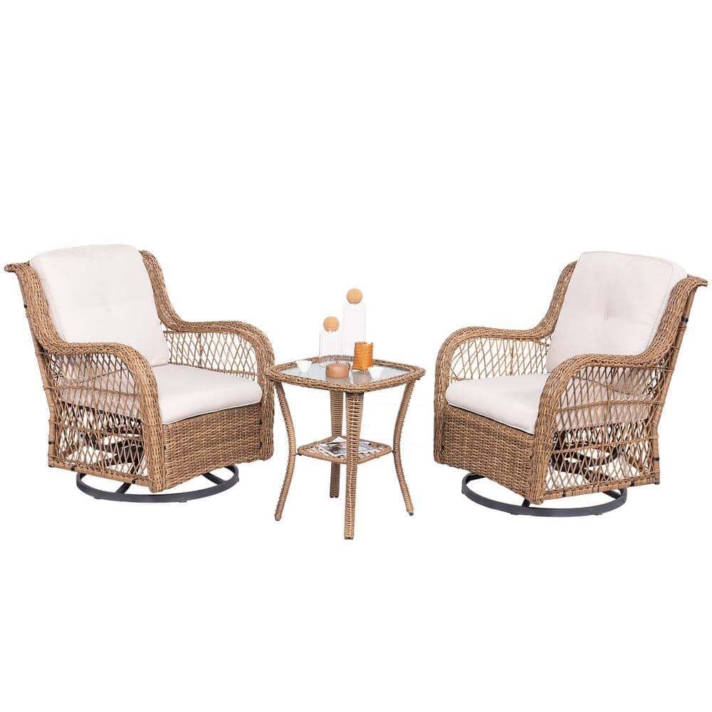 MEOOEM 3-Piece Wicker Outdoor Bistro Set with 2 Swivel Chairs Beige ...