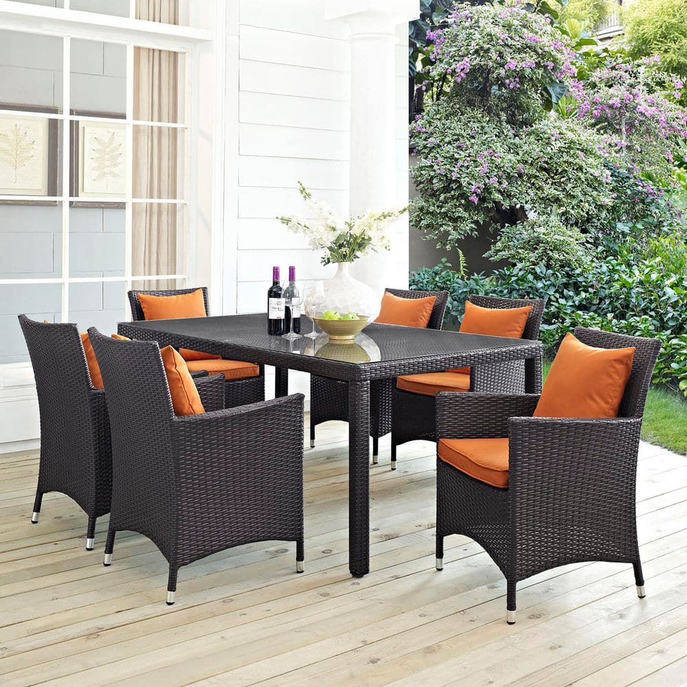 MODWAY Convene Espresso 7-Piece Wicker Rattan Patio Outdoor Dining Set with Orange Cushions EEI ...