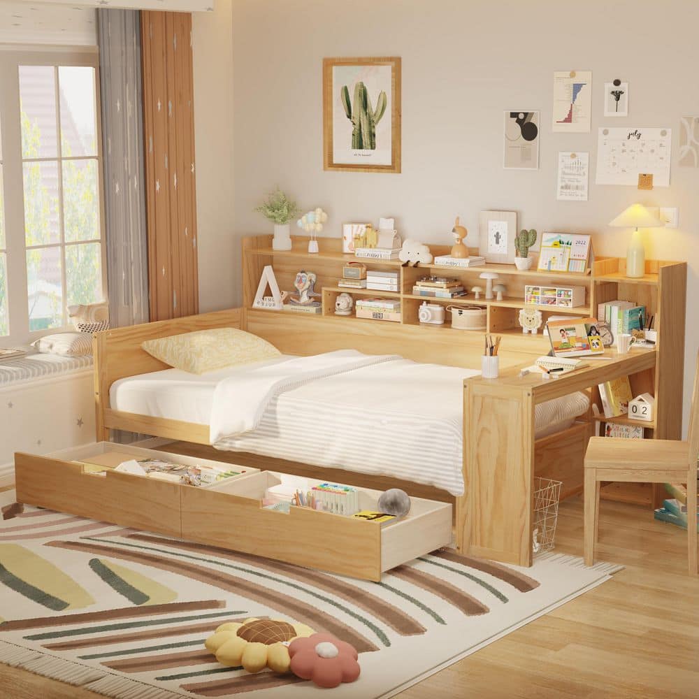 Nestfair Natural Twin Size Wood Daybed with Storage Shelves, 2 Drawers ...
