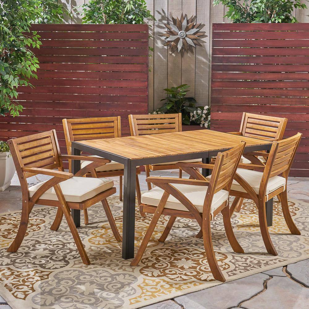 Noble House Bellmell Teak Brown 7-Piece Wood Outdoor Dining Set with ...