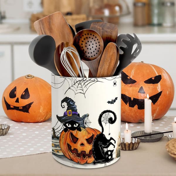 Wudkey 6.3 in. H Halloween Kitchen Ceramic Utensil Holder, Cat Pumpkin ...
