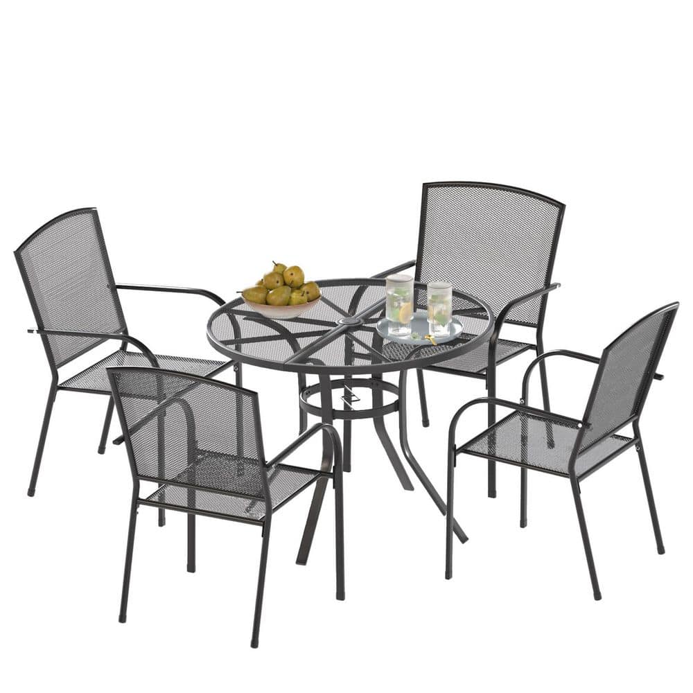 AECOJOY Dark Gray 5-Piece Steel Round Table Outdoor Dining Set 19034GR ...