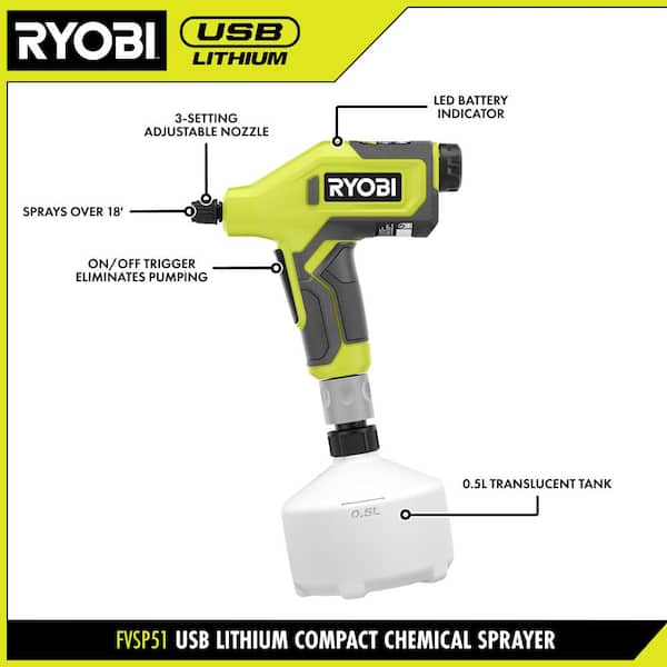 RYOBI USB Lithium Cordless Compact Sprayer with 2.0 Ah Battery and ...