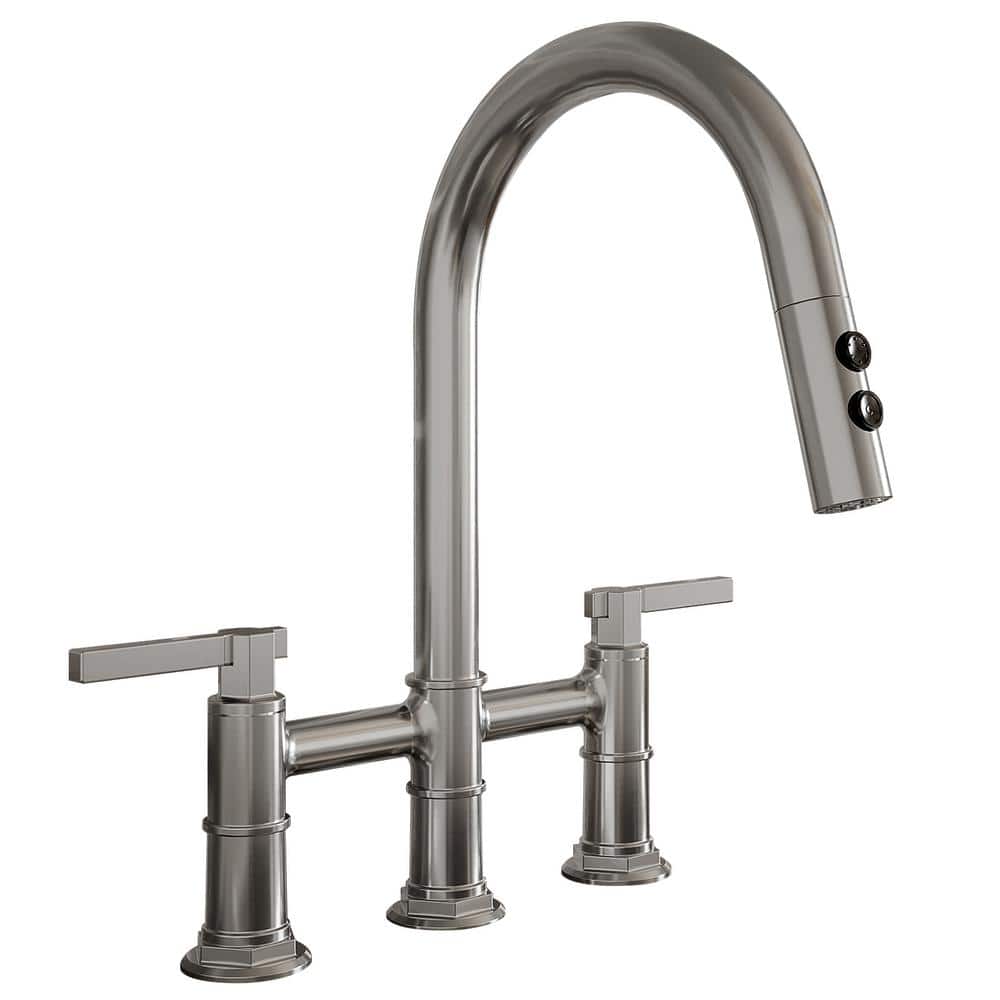 BWE Modern Double Handle 3 Holes Deck Mount Bridge Kitchen Faucet With ...