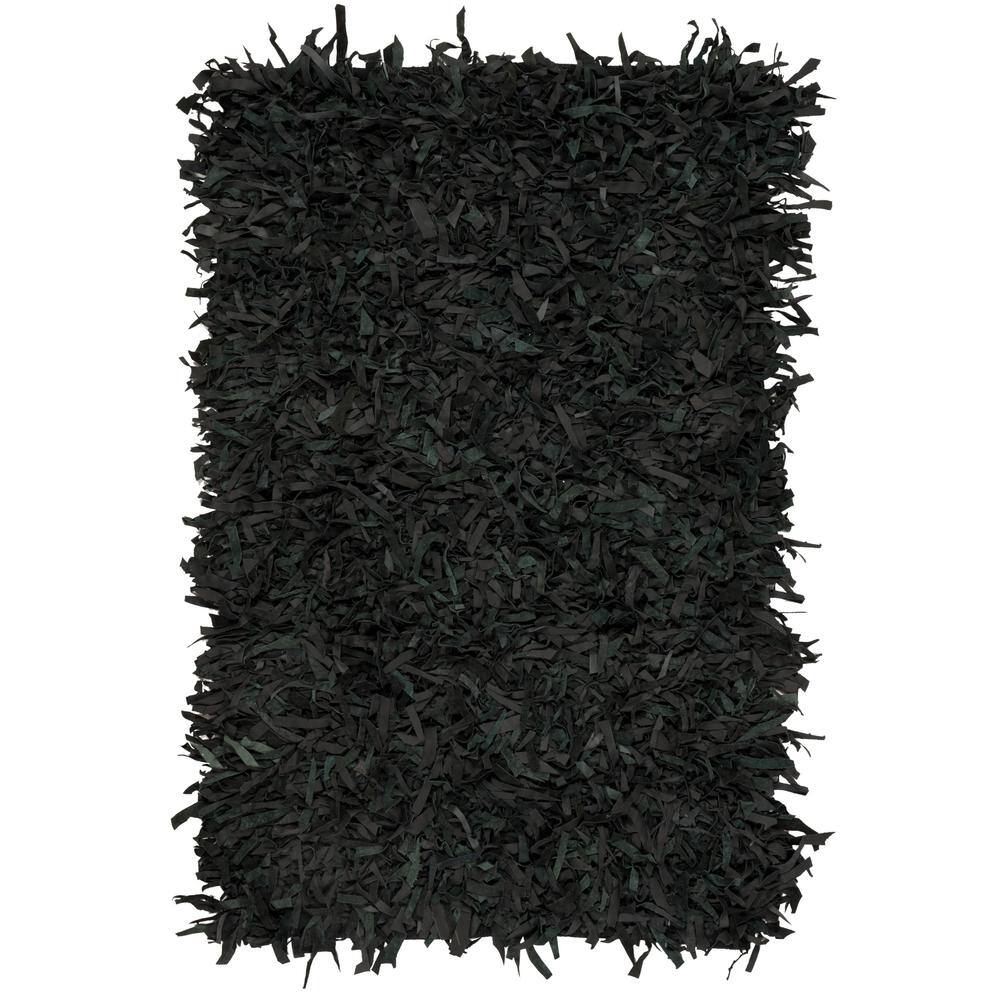 SAFAVIEH Leather Shag Black 3 ft. x 5 ft. Solid Gradient Area Rug ...