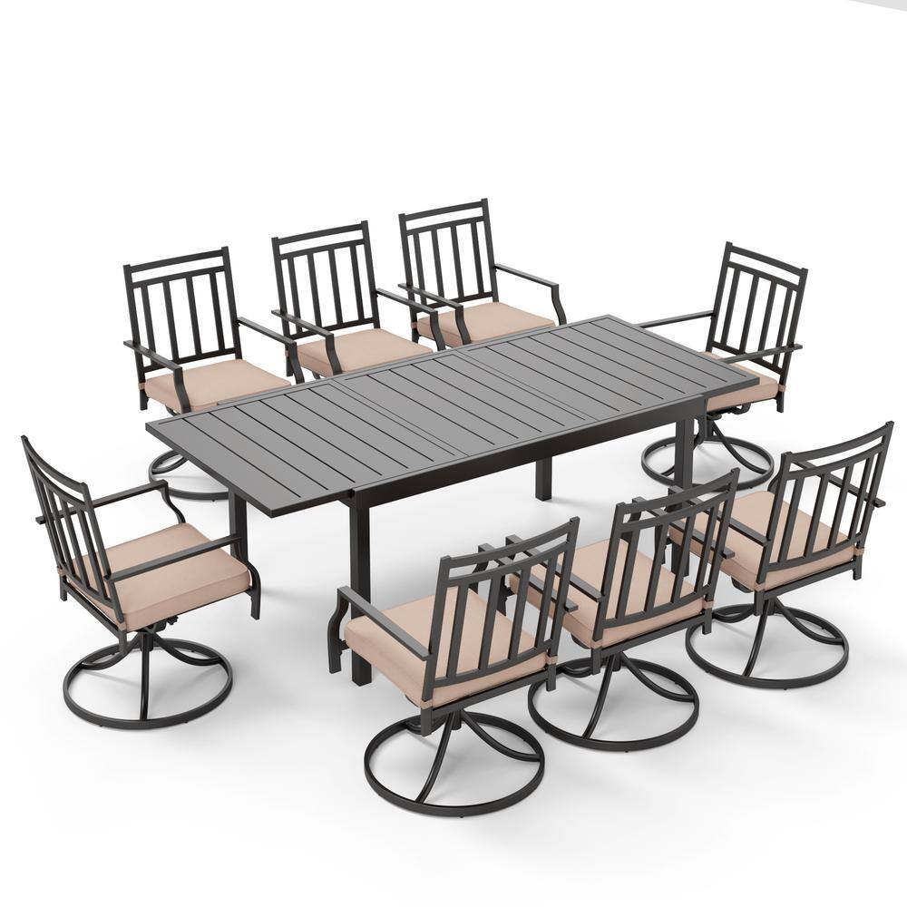 PHI VILLA 9-Piece Metal Outdoor Dining Set with Beige Cushion and ...