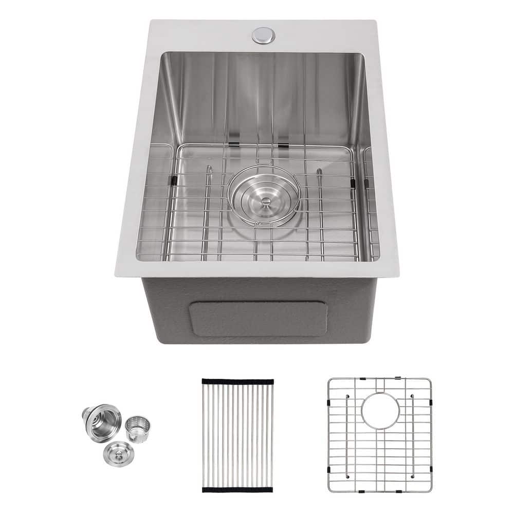 Staykiwi 15 in. Drop-In Single Bowl 16 Gauge Brushed Nickel Stainless ...