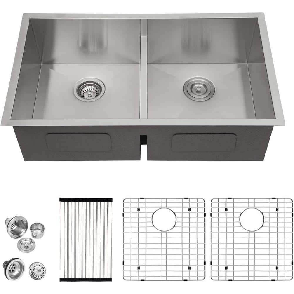 Logmey 30 in. Undermount Low Divide Sink Double Bowl 50/50 16-Gauge ...