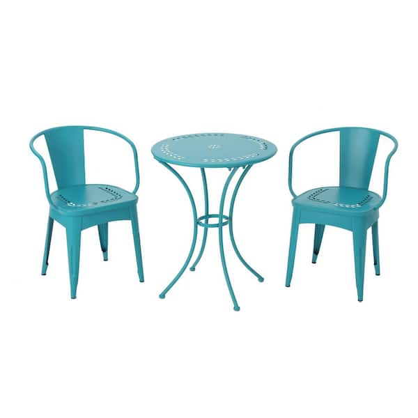 Sudzendf Teal 3-Piece Metal Bistro Set with 2 Chairs & 1 Side Table ...