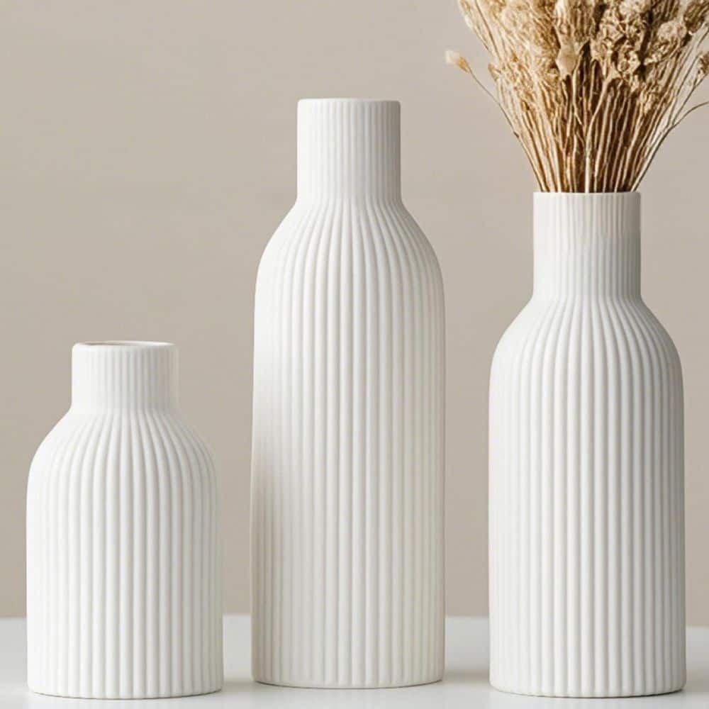 White Modern Ceramic Vases (Set of 3), Ribbed Decorative Vases, Shelf ...