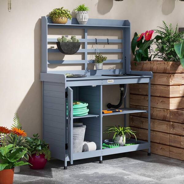 Outsunny Potting Bench Table with Faucet, Sink, Hooks and Storage ...