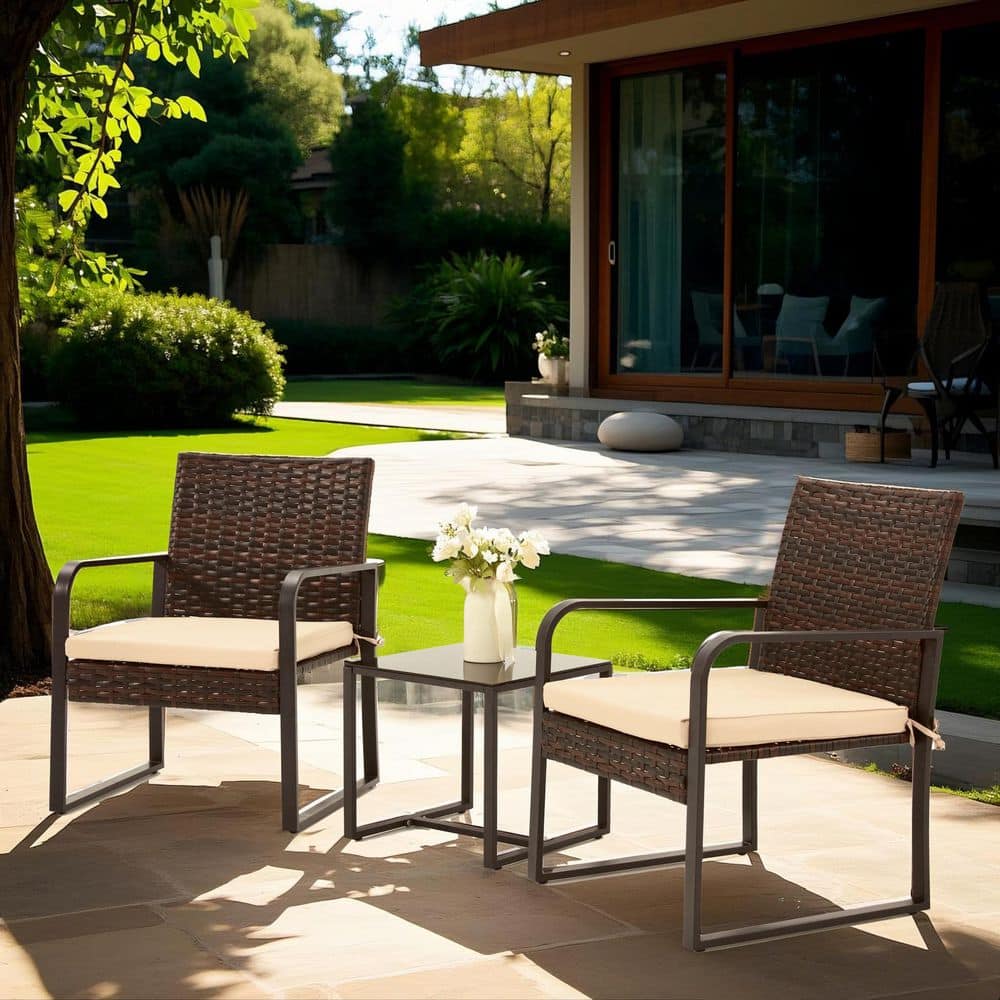 Bezseller 3-Pieces Brown Wicker Outdoor Patio Bistro Set with Beige ...