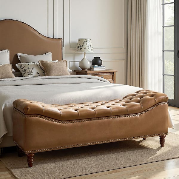 JAYDEN CREATION Adair 59 in. Camel Nailhead Trim Bench With Soild Wood ...
