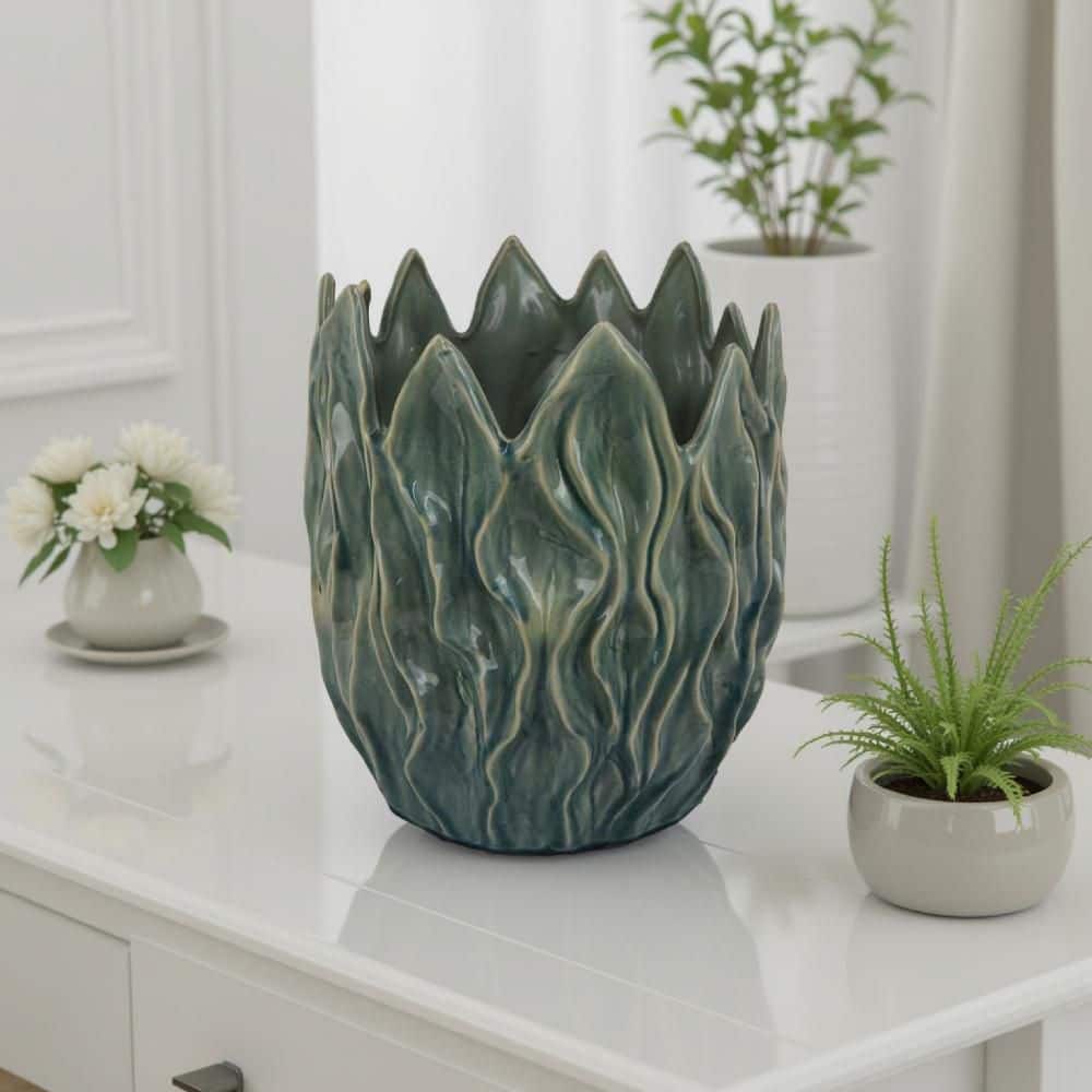 Benjara Esen 14 in. Green Ceramic Amphora Decorative Vase BM331399 - The Home Depot