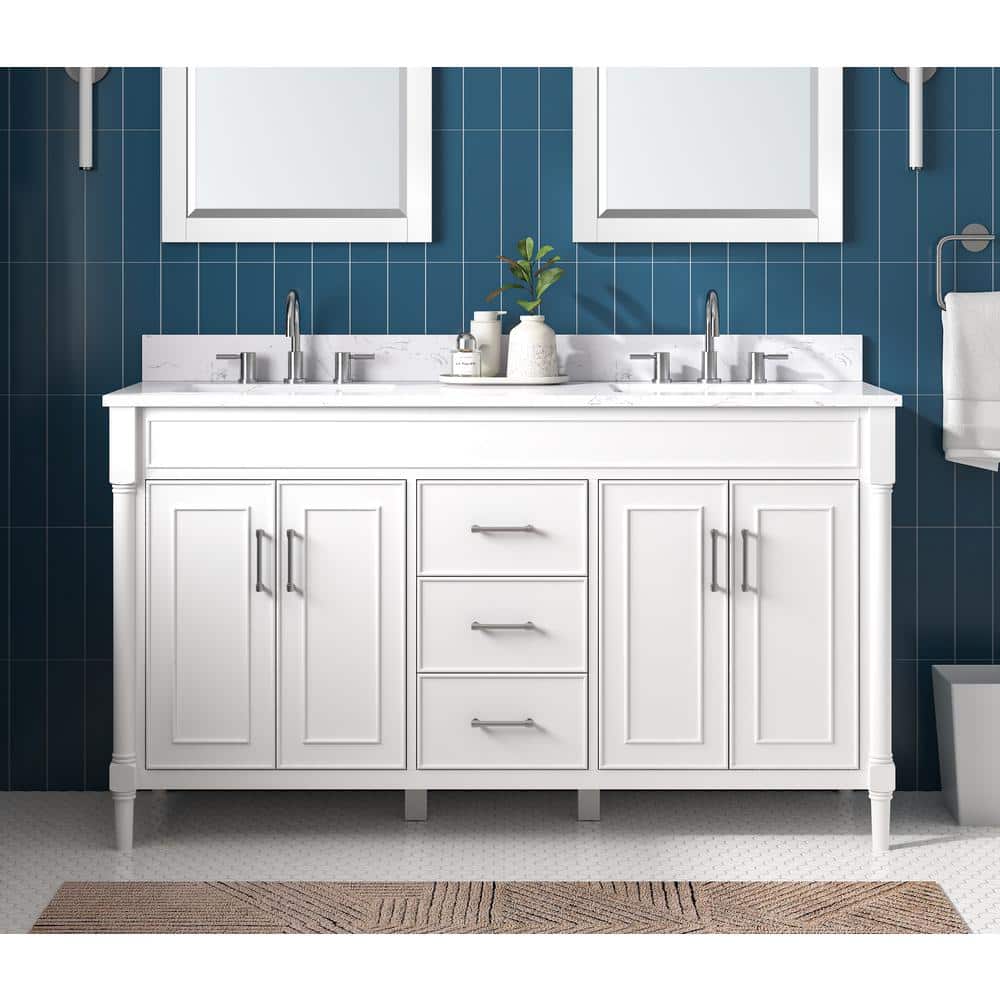Avanity Bristol 61 in. Double Sink White Bath Vanity with Cala White Engineered Stone Top ...