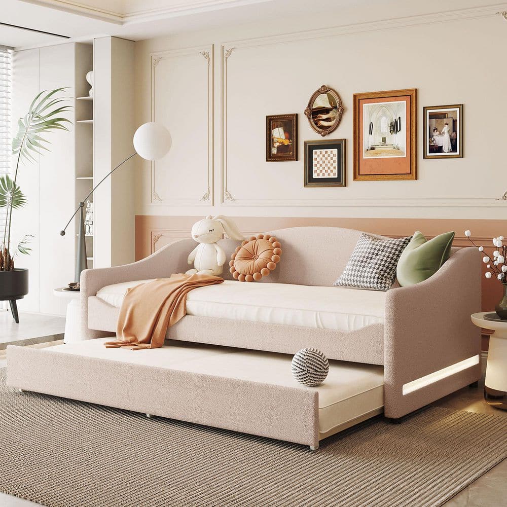 Qualler Beige Twin Teddy Fleece Upholstered Daybed with Light and ...