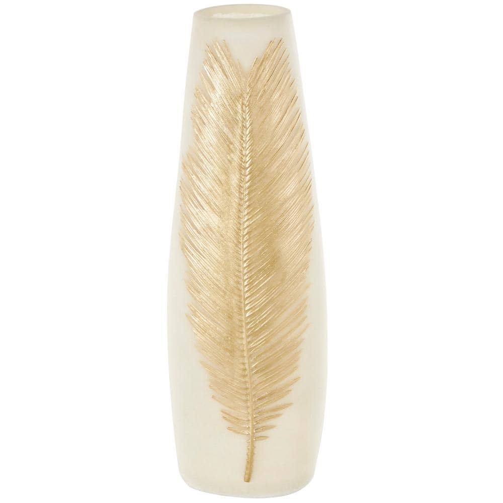 Litton Lane 20 in. Cream Polystone Leaf Decorative Vase with Gold Leaf ...
