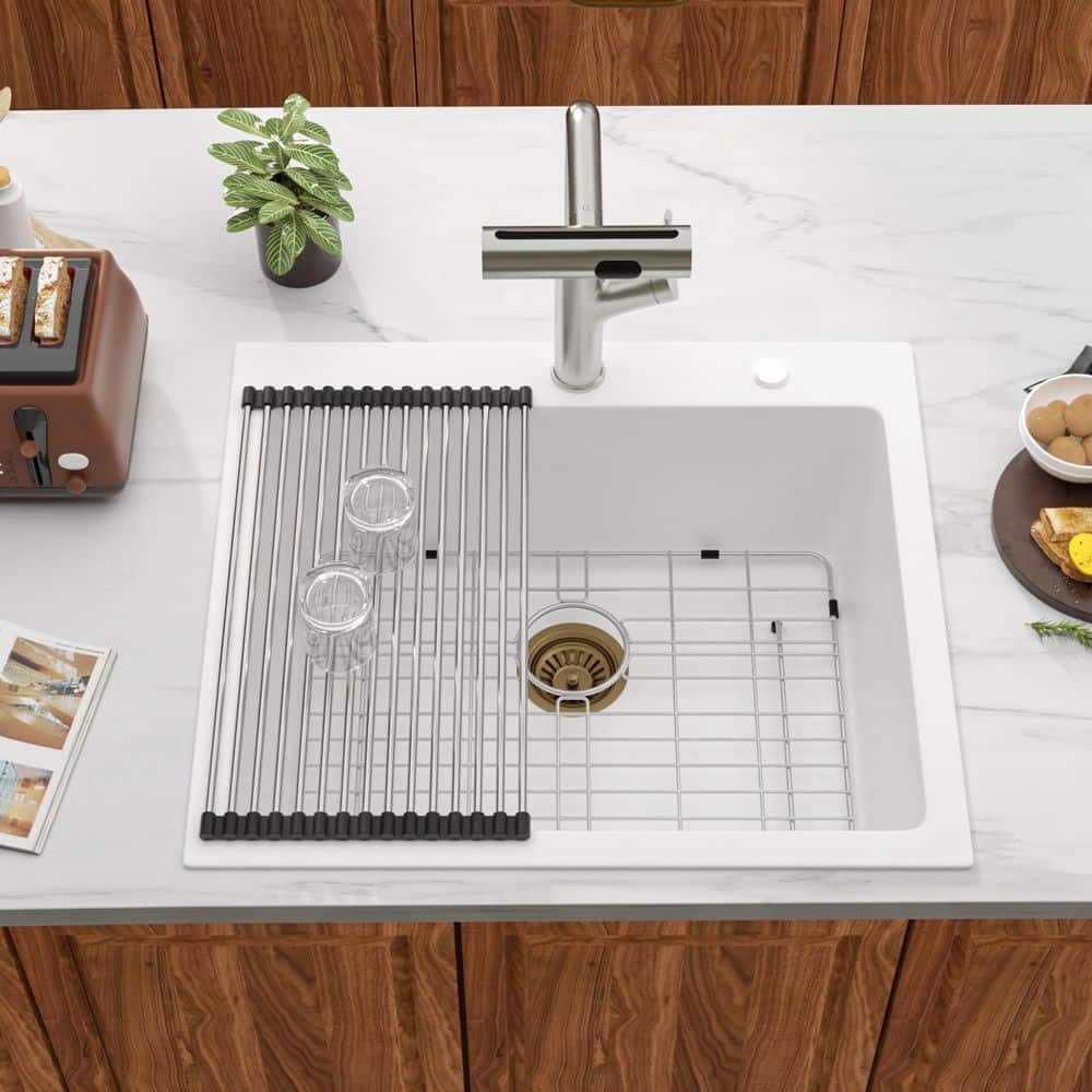 LORDEAR 25 in. Topmount R15 Round Corner Quartz Composite White Drop-In ...