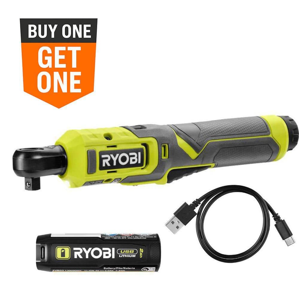 RYOBI USB Lithium 3/8 in. Ratchet Kit with 2.0 Ah Battery and USB ...