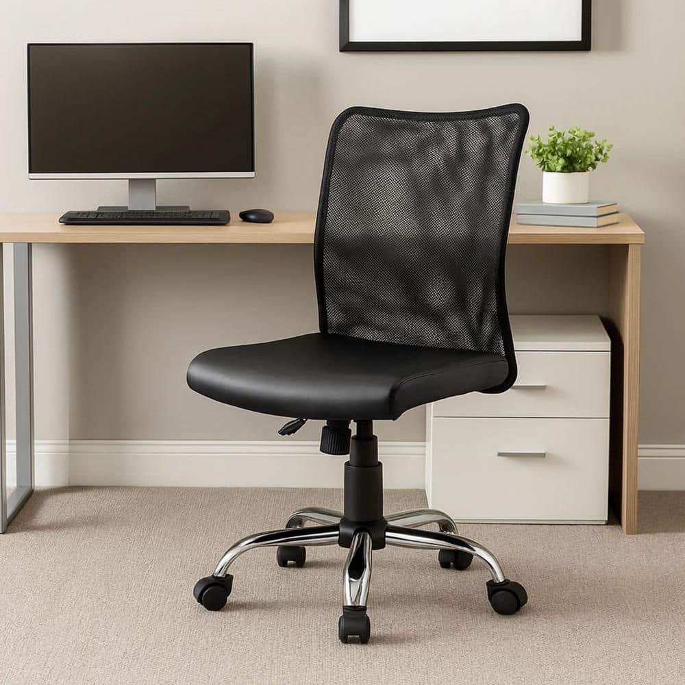 Benjara Lene Mesh Tilt Tension Task Chair in Black and Chrome without ...