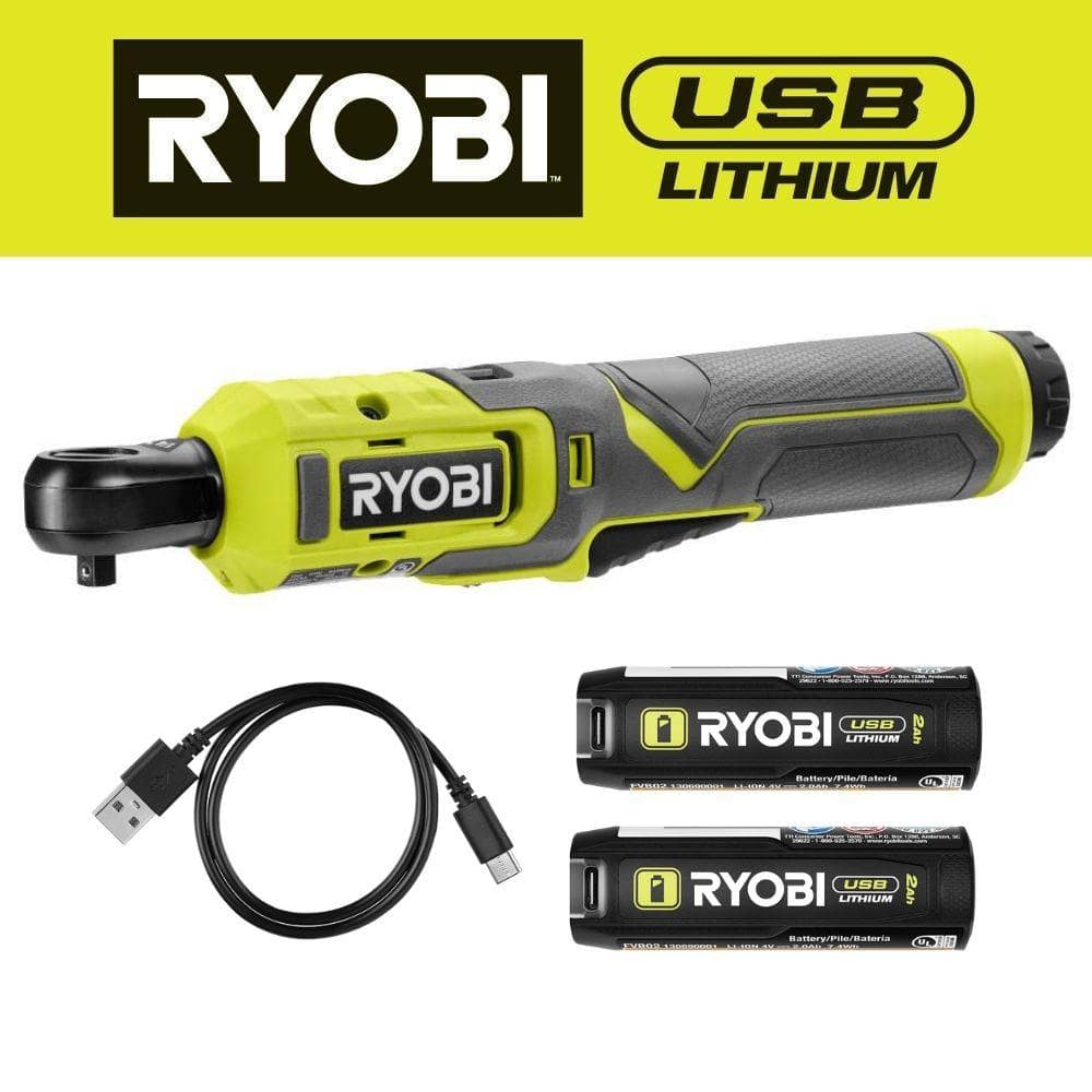 RYOBI USB Lithium 1/4 in. Ratchet Kit with 2.0 Ah Battery and USB ...