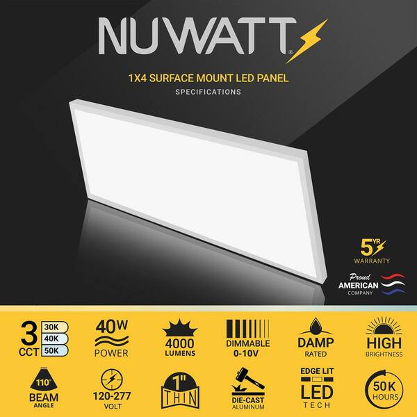 NuWatt 1 ft. x 4 ft. LED Thin Flush Surface Mount Panel W/Built in ...