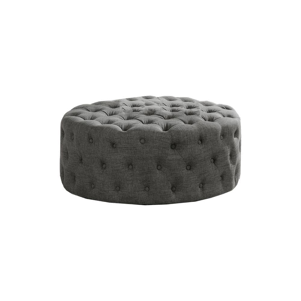 Best Master Furniture Tisha 40 in. Grey Tufted Linen Round Ottoman ...