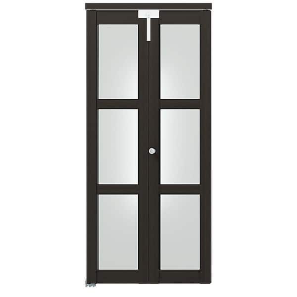 TENONER 36 in. x 80 in. 3-Lite Frosted Glass Solid Core Mocha PVC ...