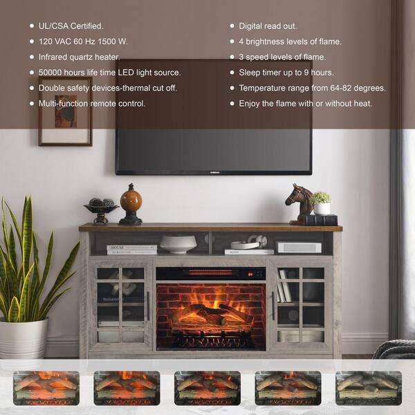55 in. W Freestanding Infrared Smart Electric Fireplace TV Stand in Gray with Remote Control