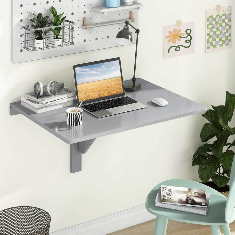 Gymax 31.5 in. Rectangular Gray Desk Wall-Mounted Drop-Leaf Table ...