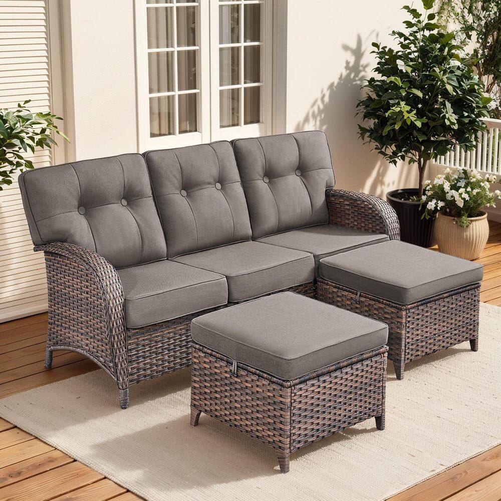 Pocassy Modern Seaside Series 3-Piece Patio Wicker Outdoor Sofa with 2 ...