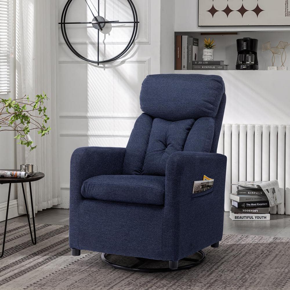 JUJABU Navy Blue Teddy Fabric Swivel Rocking Chair Gilder Chair with ...
