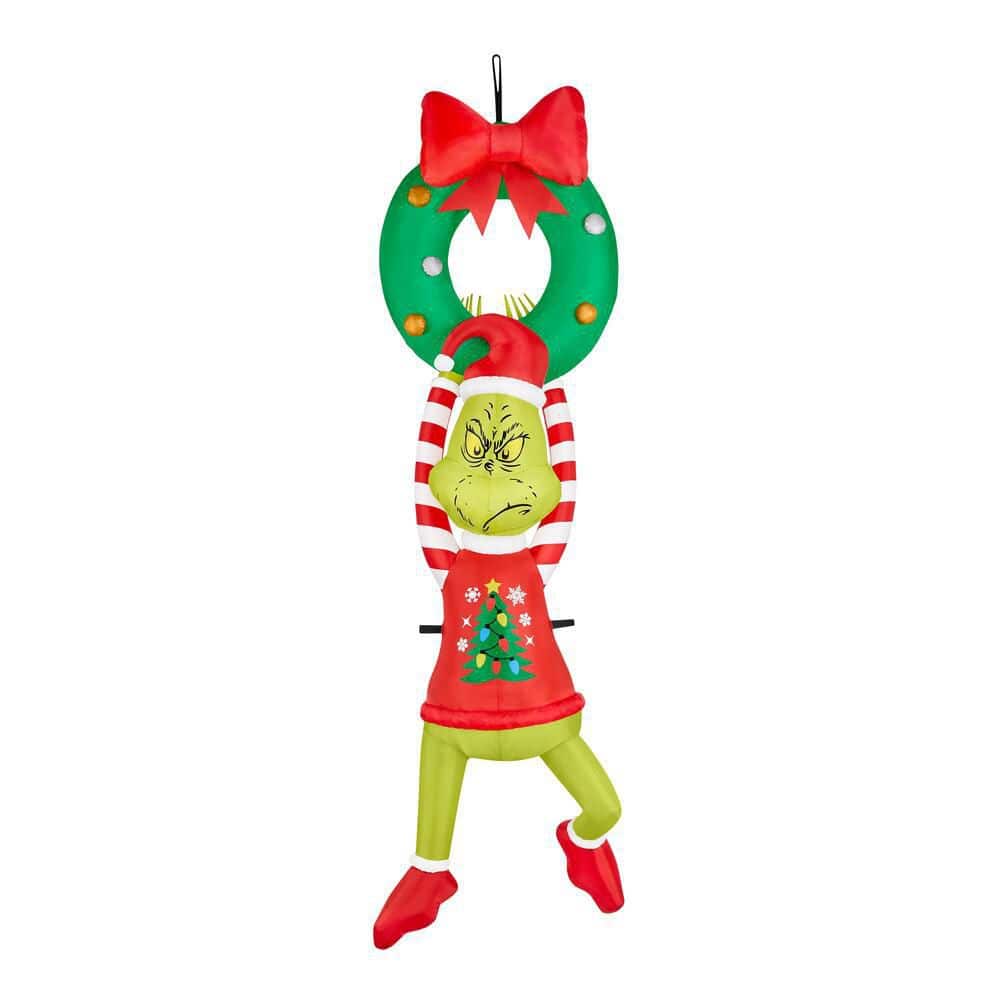 Grinch 6.5 ft LED Grinch Hanging from Wreath with Red Bow 25GM87183 ...